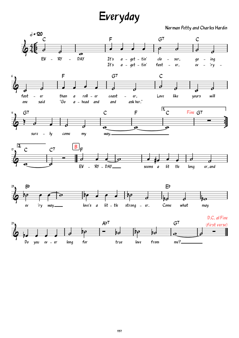 Everyday (Lead sheet with lyrics ) Sheet Music with Chords for Piano ...