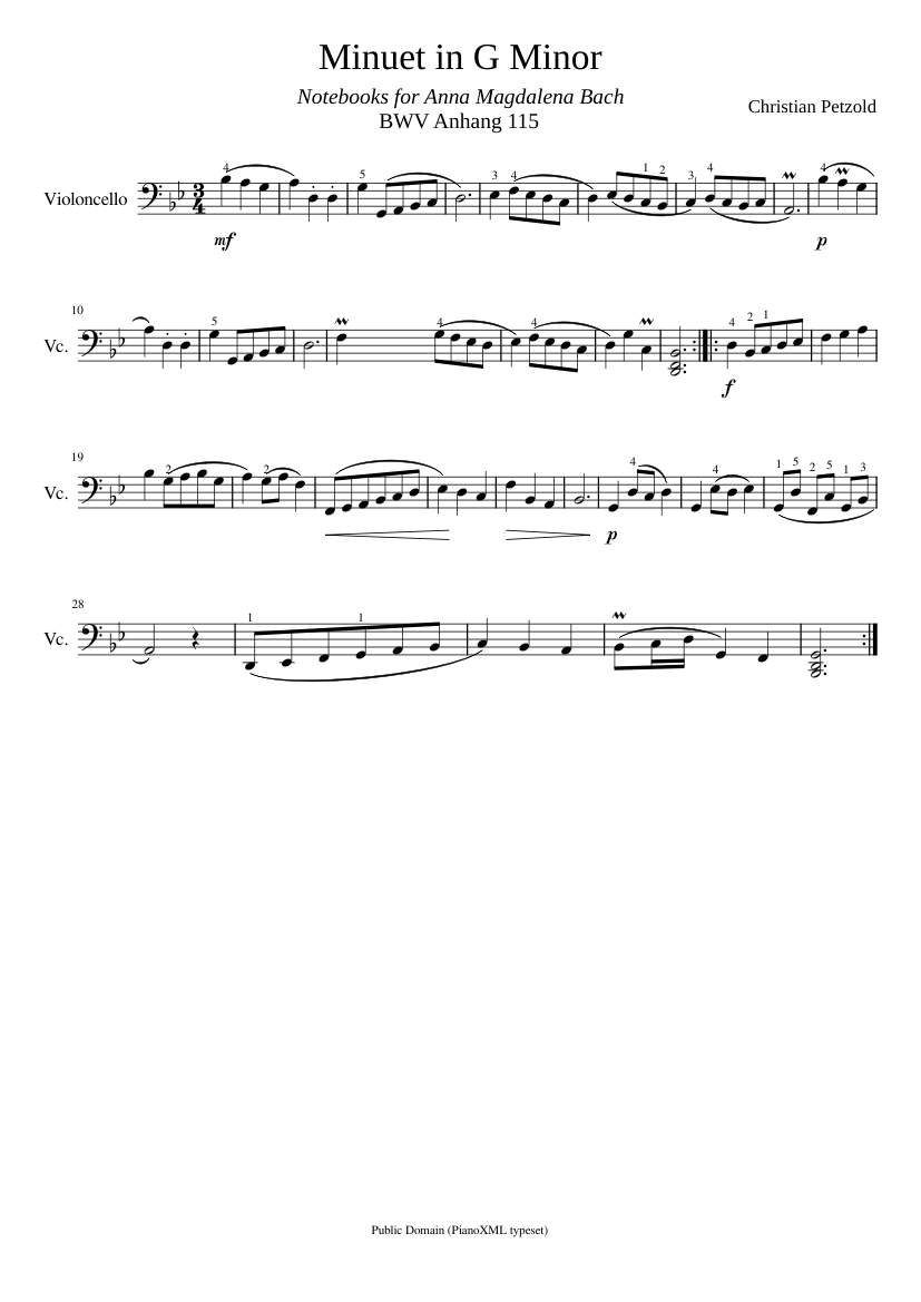 Bach: Minuet in G Minor (BWV Anh. 115) Sheet music for Cello (Solo) | Musescore.com