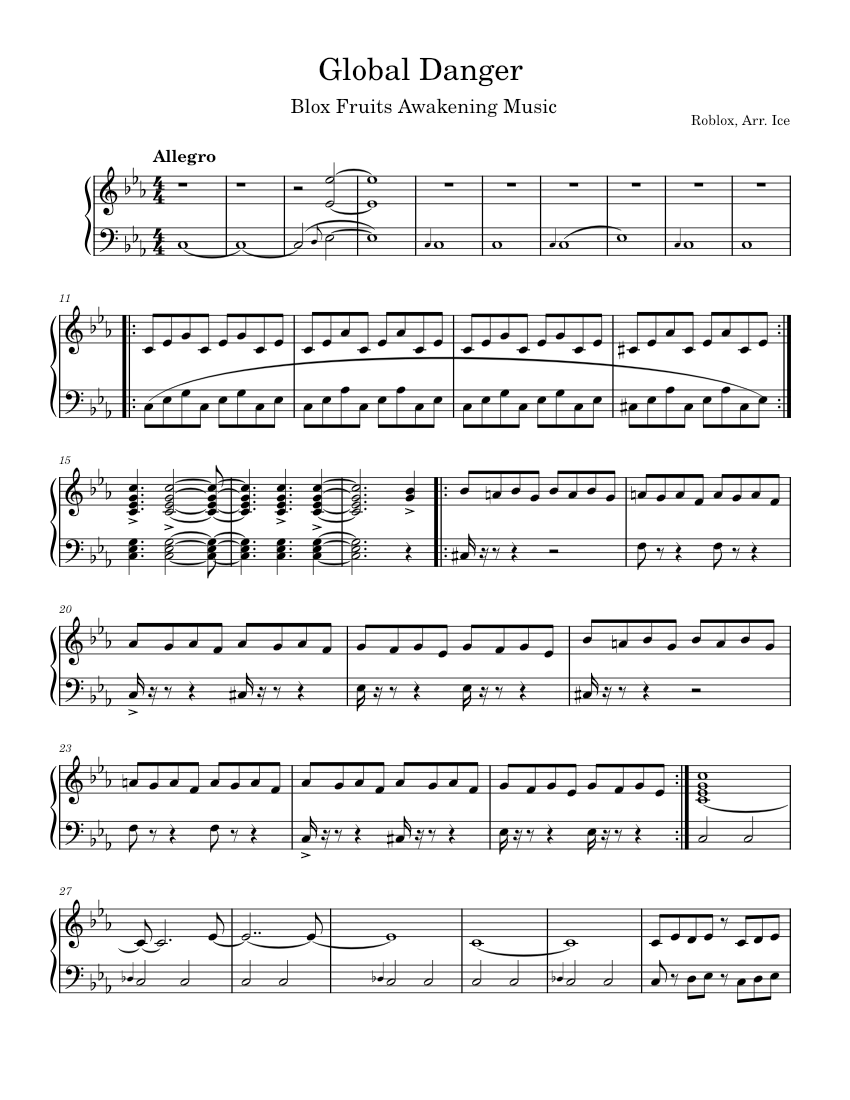 Blox Fruits Awakening - Global Danger Sheet Music for Piano (Solo) Easy ...