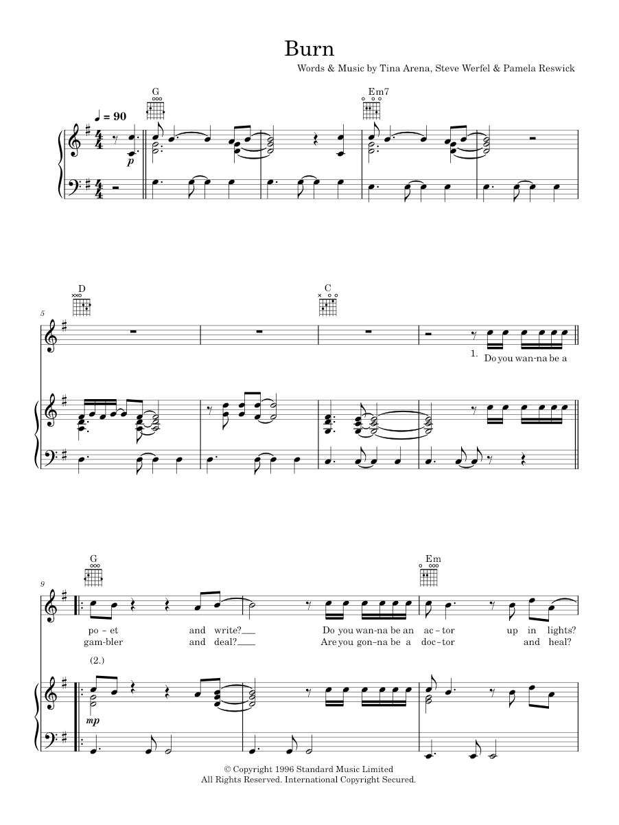 Play Official version of Burn sheet music by Tina Arena for Piano ...