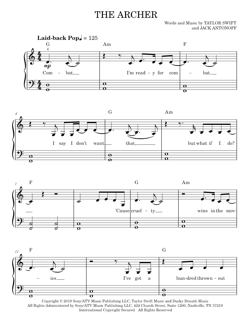 the archer Sheet music for Piano by Taylor Swift: Music Notes by MuseScore