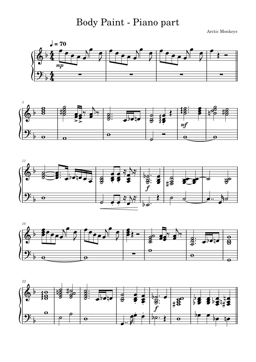 Body Paint – Arctic Monkeys Sheet music for Piano (Solo) Easy ...