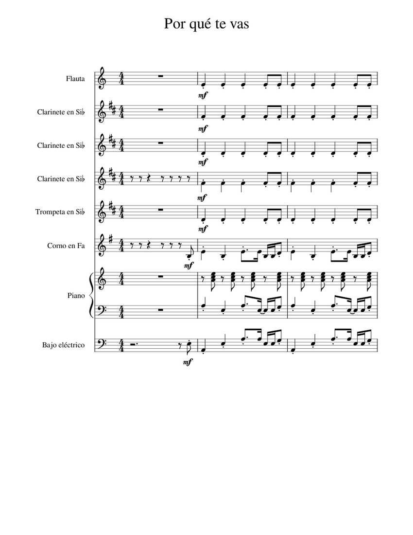Por qué te vas Sheet music for Piano, Flute, Clarinet in b-flat ...
