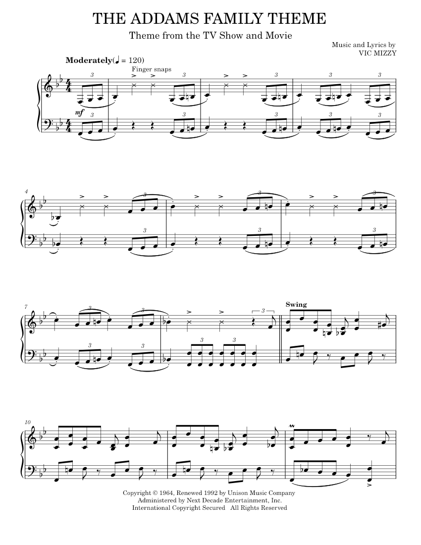 The Addams Family theme Sheet music for Piano by Vic Mizzy Official ...