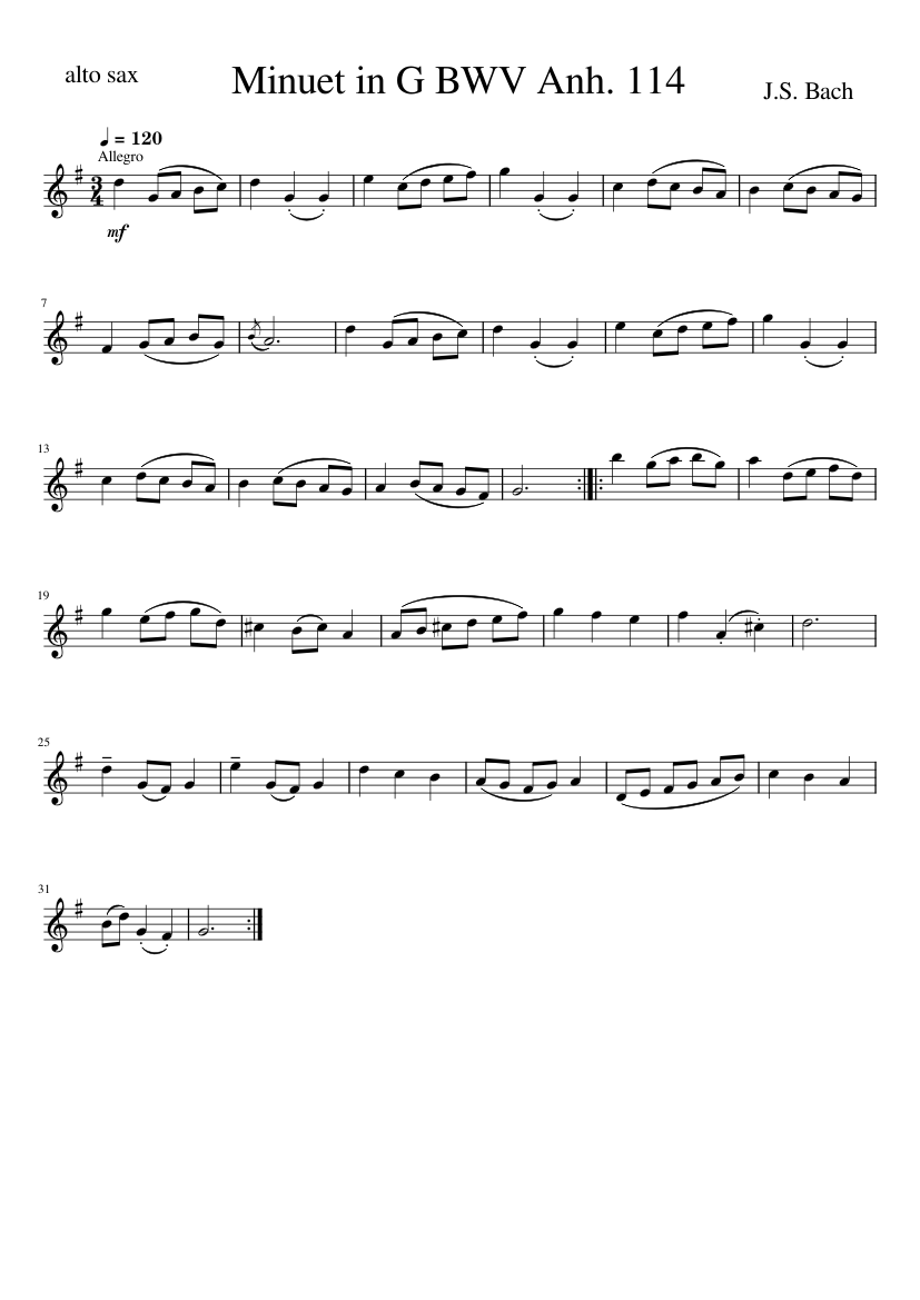 Bach Minuet in G major BWV Anh. 114 Sheet music for Saxophone alto (Solo) | Musescore.com