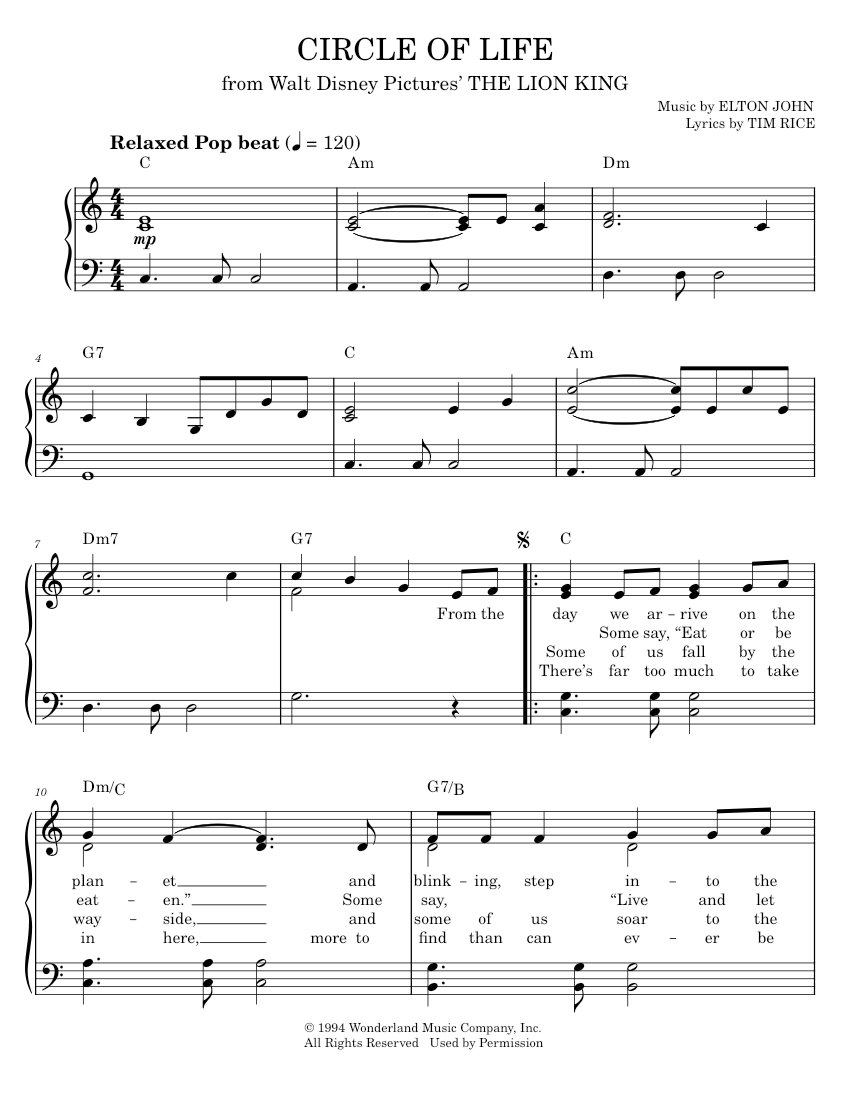 circle of life Sheet music for Piano by Elton John Official | MuseScore.com