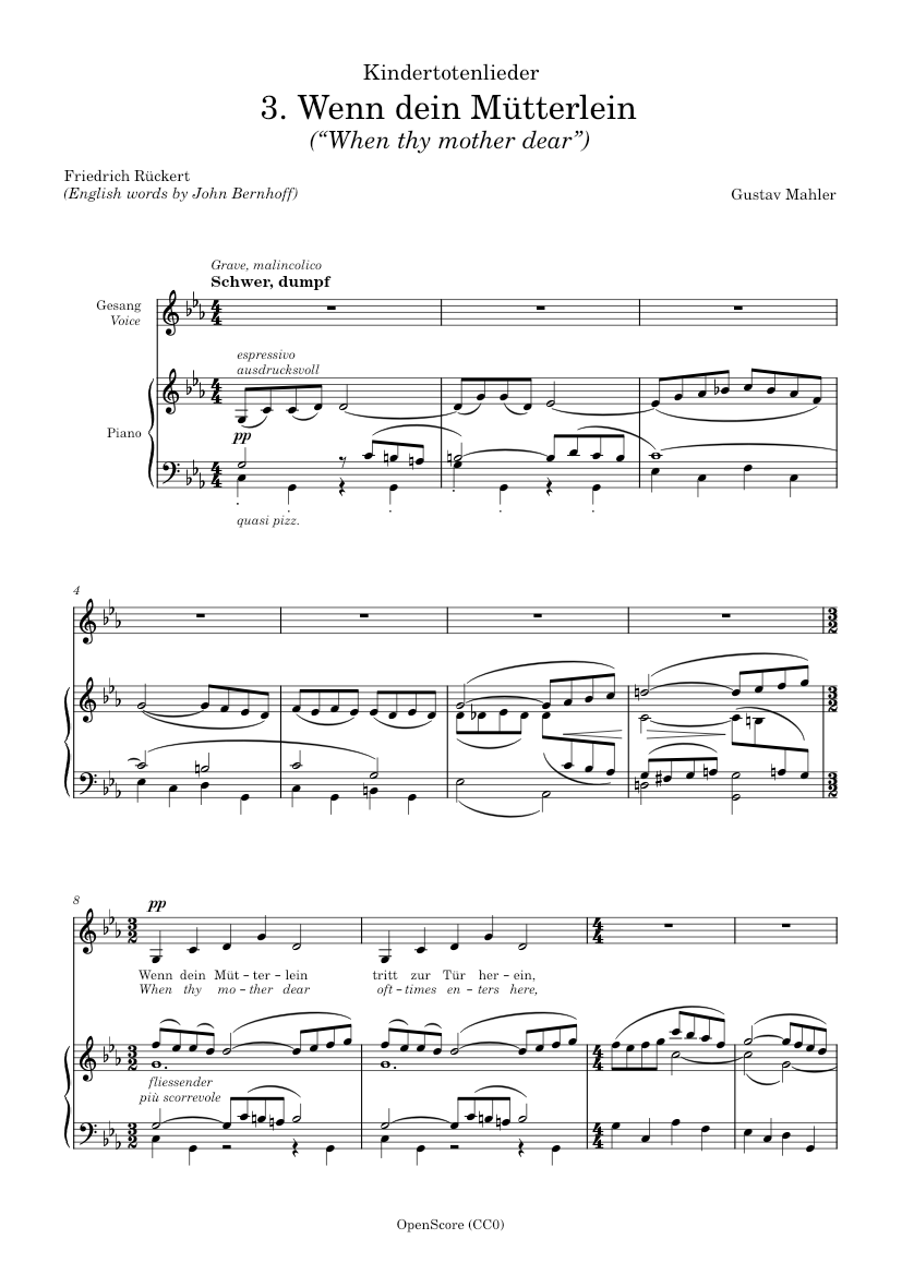 Mahler, Gustav - Kindertotenlieder, No.3 - Wenn dein Mütterlein Sheet music for Piano, Vocals ...