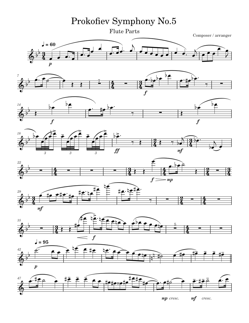 Symphony No.5, Op.100 – Sergei Prokofiev Flute Part Sheet music for ...