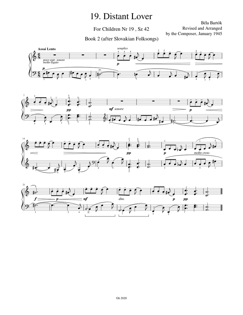 Bartók, Béla, For Children, Book 2, 19. Distant Lover Sheet music for ...