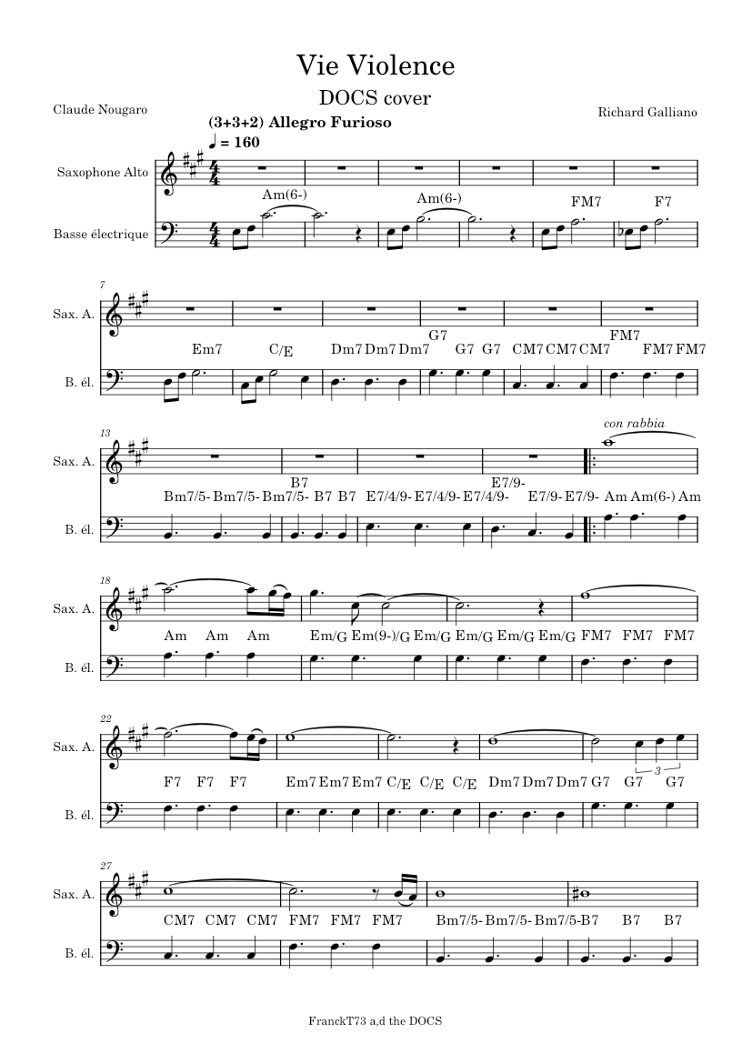 Vie Violence Sheet music for Saxophone alto, Bass guitar (Mixed Duet ...