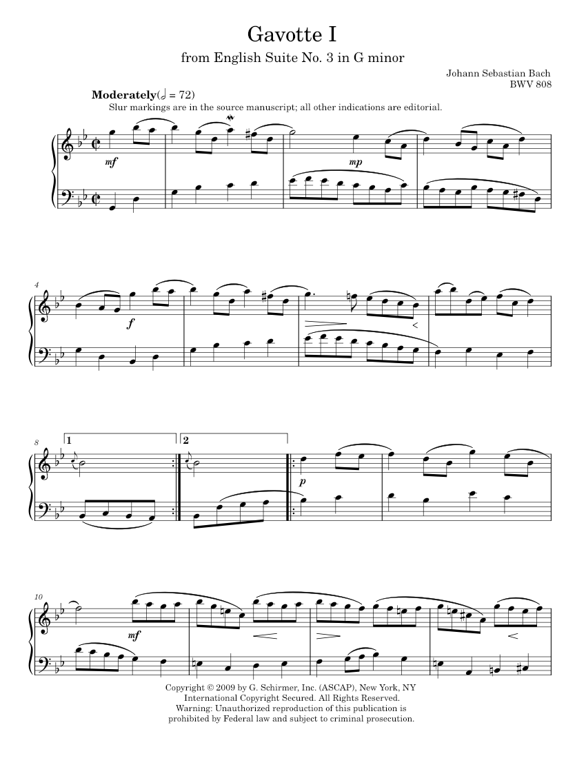Gavotte I, BWV 808 Sheet music for Piano: Music Notes