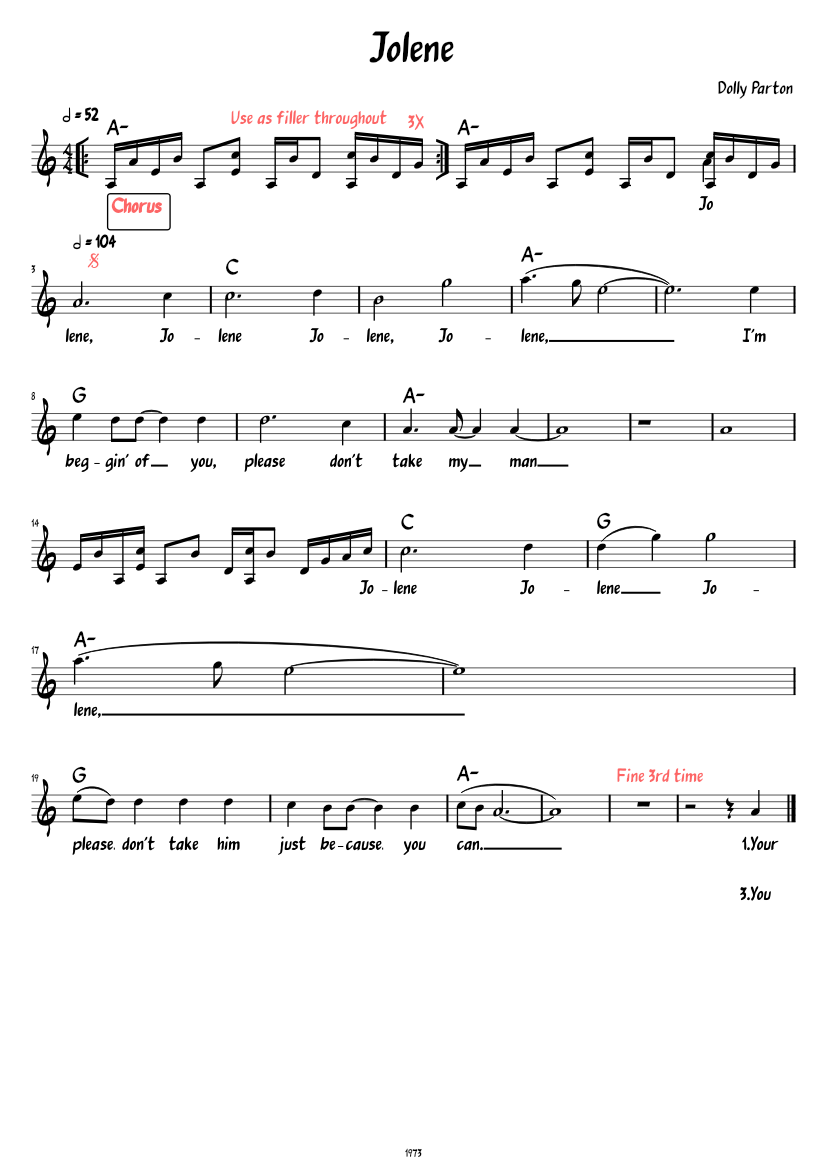 Jolene (lead sheet with lyrics) Sheet Music with Chords for Piano (Solo ...