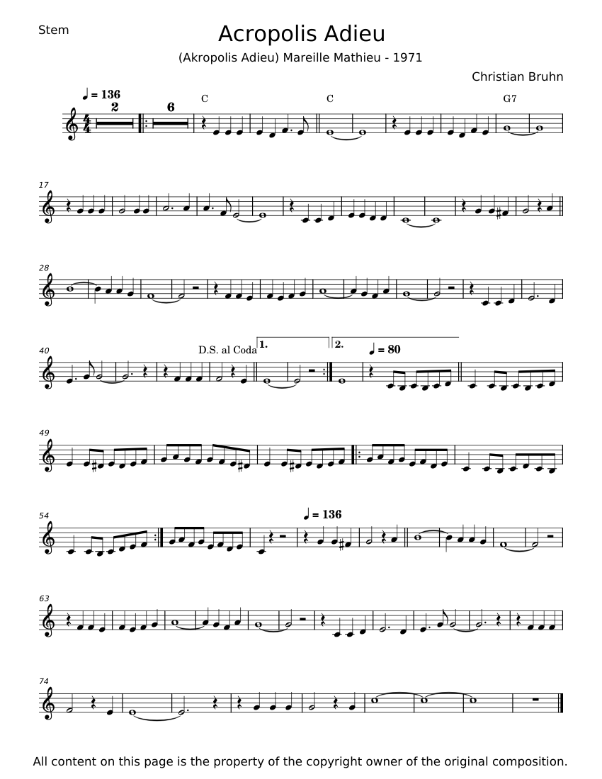 Acropolis adieu - Christian Bruhn Sheet Music with Chords for Piano ...
