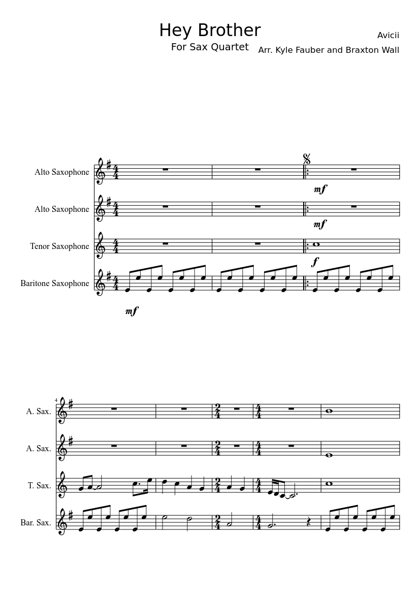 Hey Brother Sheet music for Saxophone alto, Saxophone tenor, Saxophone ...