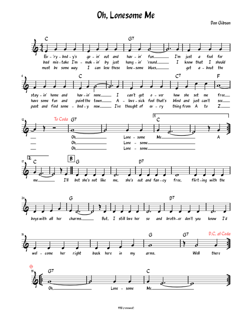 Oh, Lonesome Me (Lead sheet with lyrics ) Sheet music for Piano (Solo ...