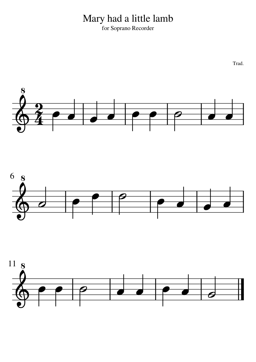 Mary had a little lamb - Misc Traditional Sheet music for Recorder ...