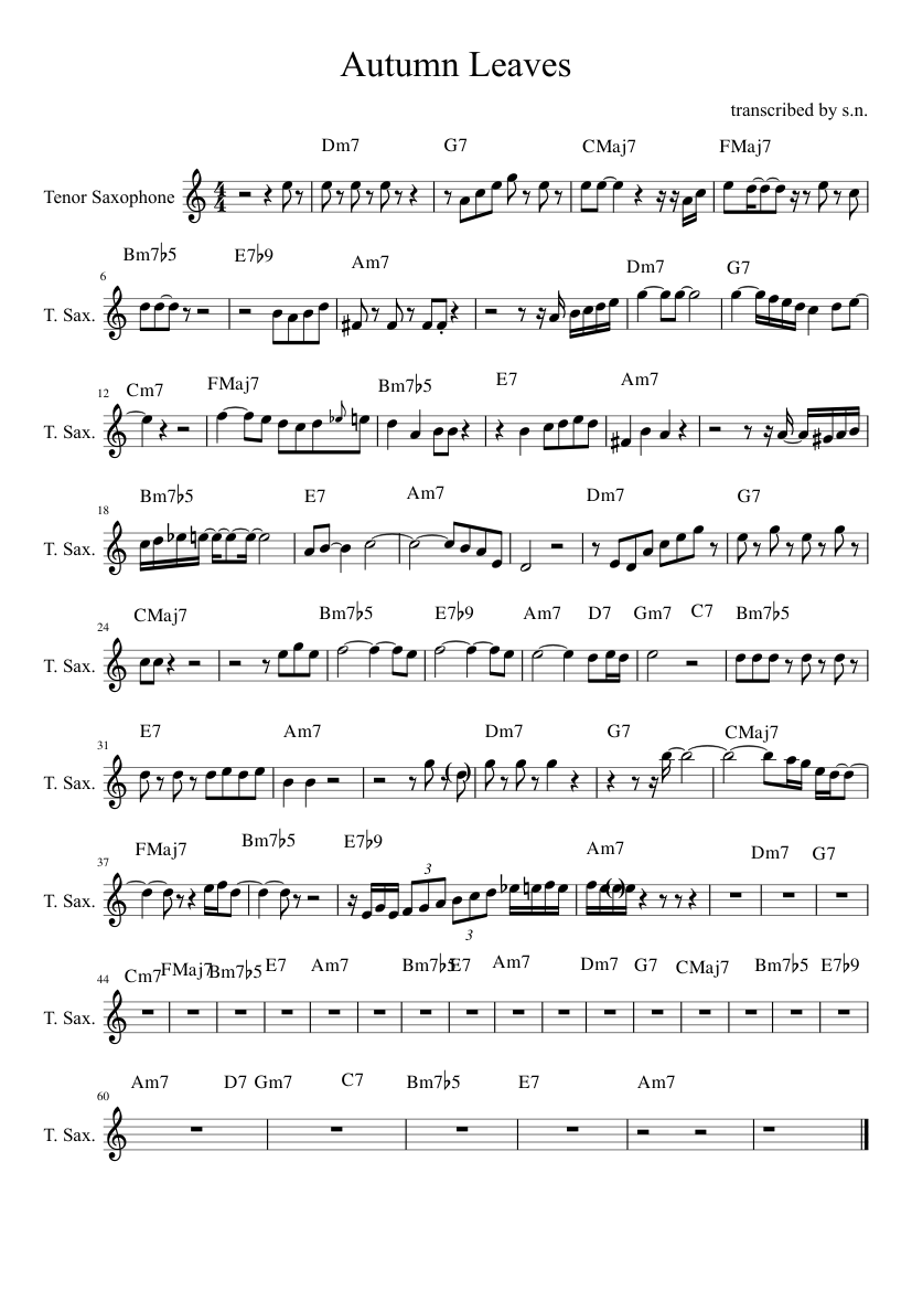 Autumn Leaves Sheet music for Saxophone tenor (Solo) | Musescore.com