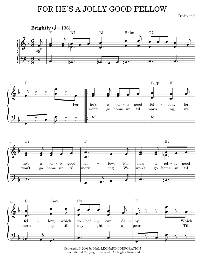 Play Official version of For He's a Jolly Good Fellow sheet music by ...