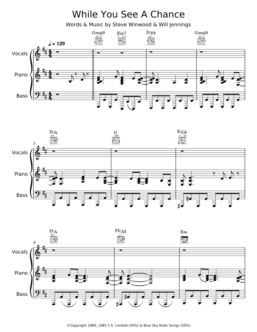 While you see a chance - Steve Winwood Sheet Music with Chords for Piano, Vocals, Cello (Mixed ...