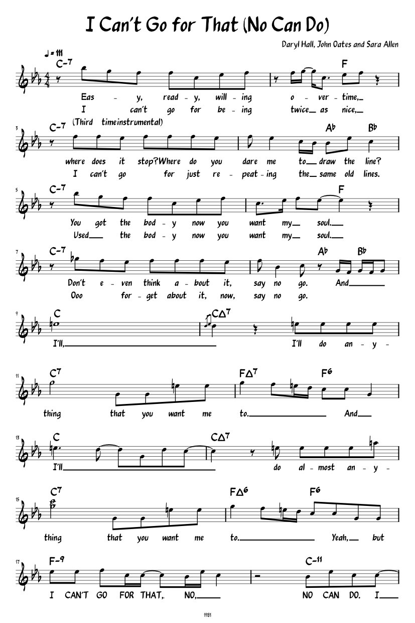 I Can't Go For That (No Can Do) (Lead sheet with lyrics ) Sheet Music ...