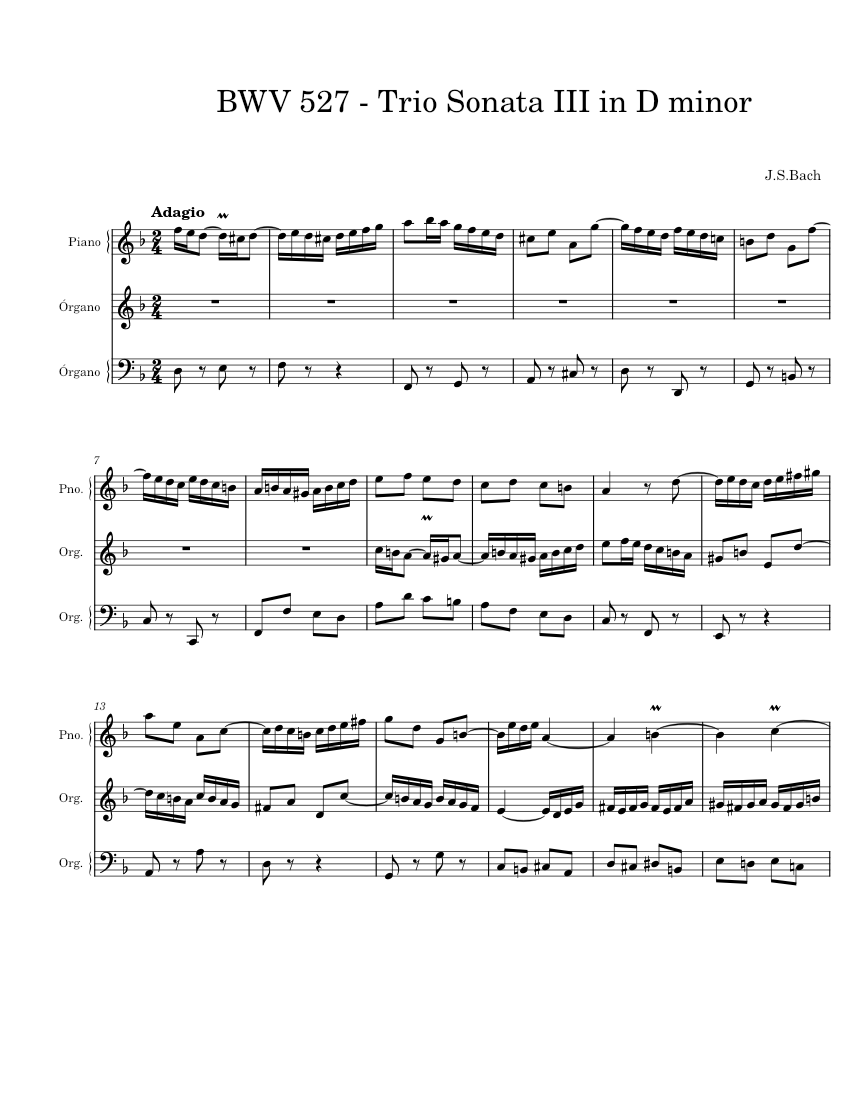 BWV 527 - Trio Sonata III in D minor Sheet Music for Piano, Organ (Mixed Trio) | MuseScore.com