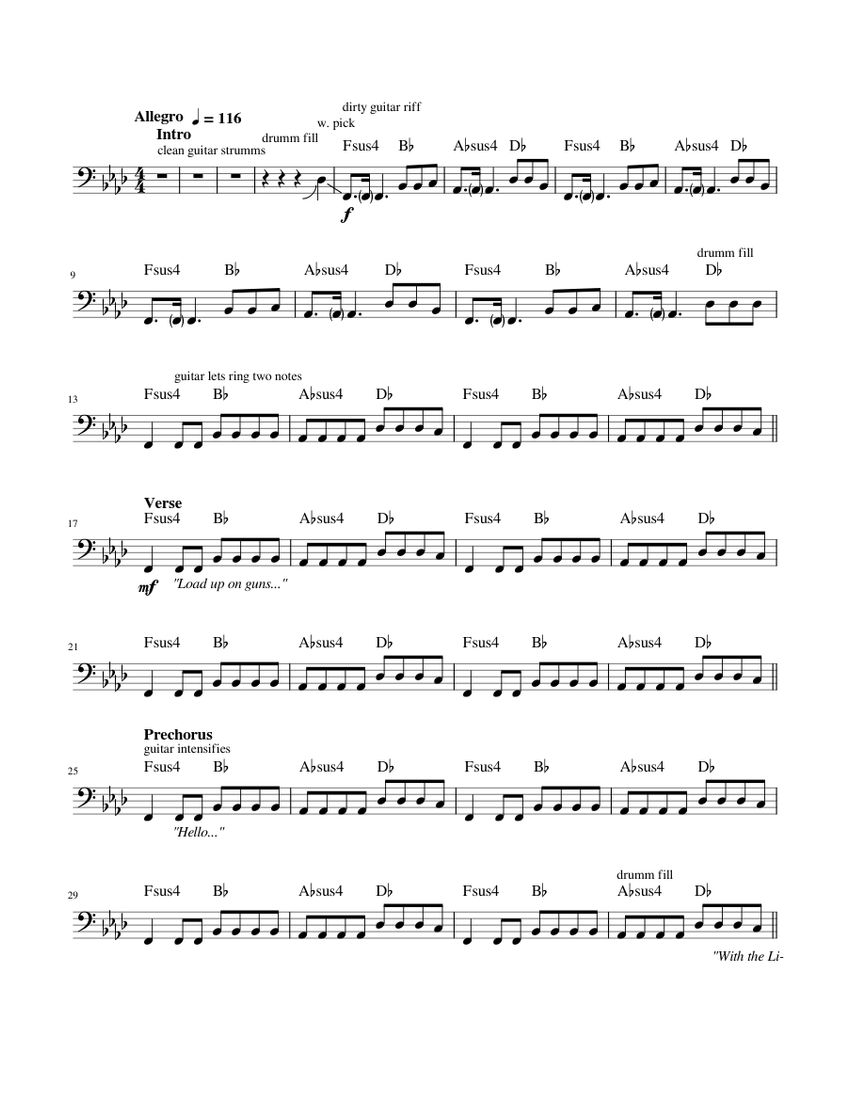 Smells like teen spirit – Nirvana, bass part Sheet music for Bass ...