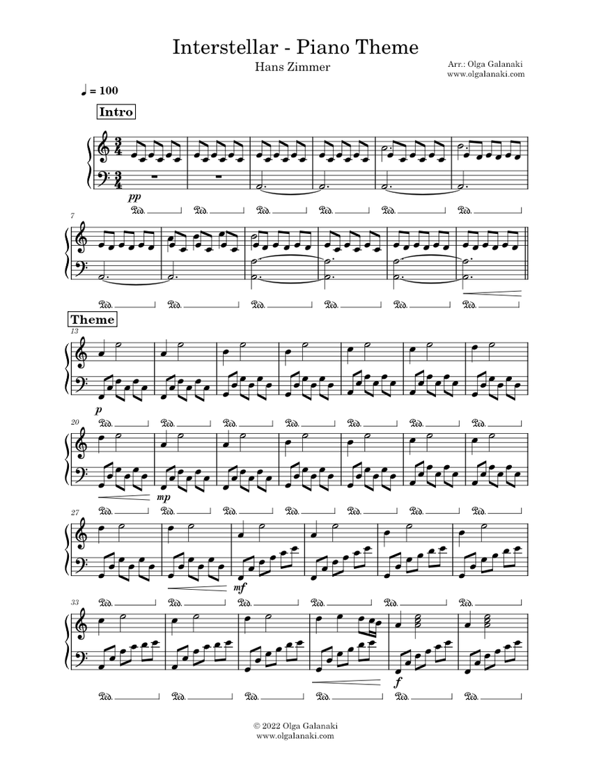 Interstellar – Hans Zimmer (Piano Version by OlGa) Sheet music for Piano (Solo) Easy | Musescore.com