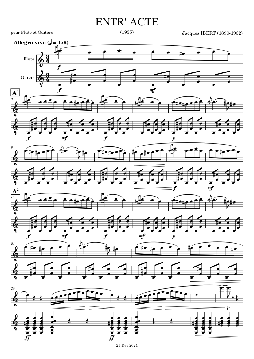 EntrActe - Jacques Ibert Sheet music for Flute, Guitar (Mixed Duet ...