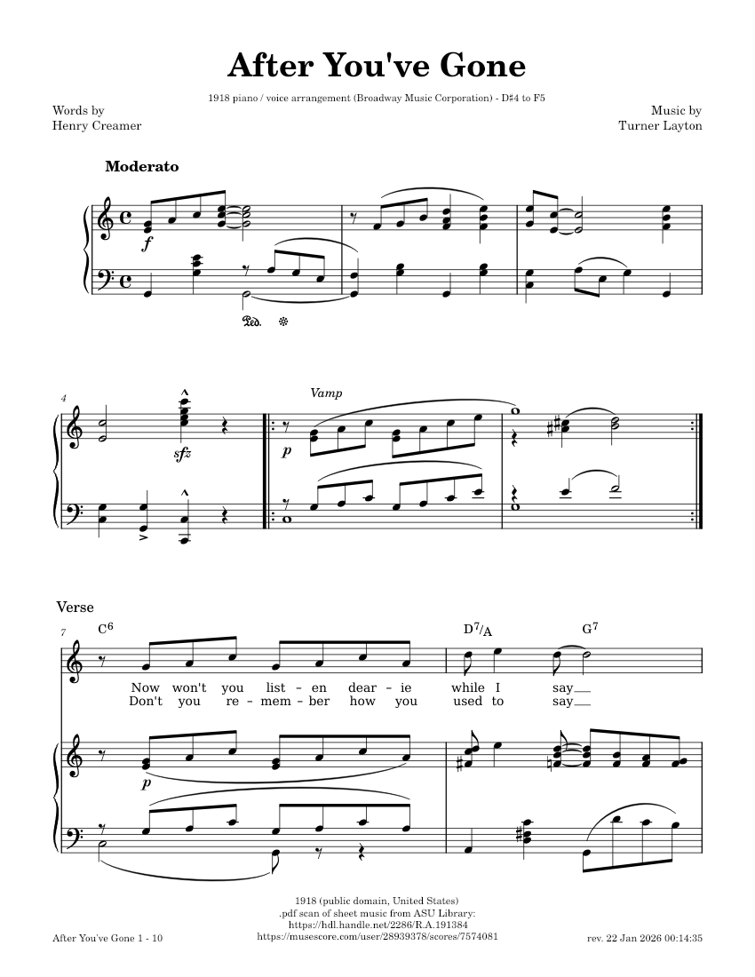 After You've Gone - Turner Layton and Henry Creamer [1918 piano / voice ...