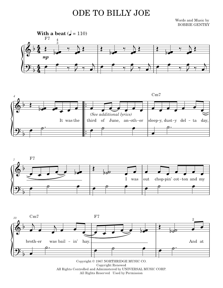 Play Official version of Ode To Billy Joe sheet music by Bobbie Gentry ...