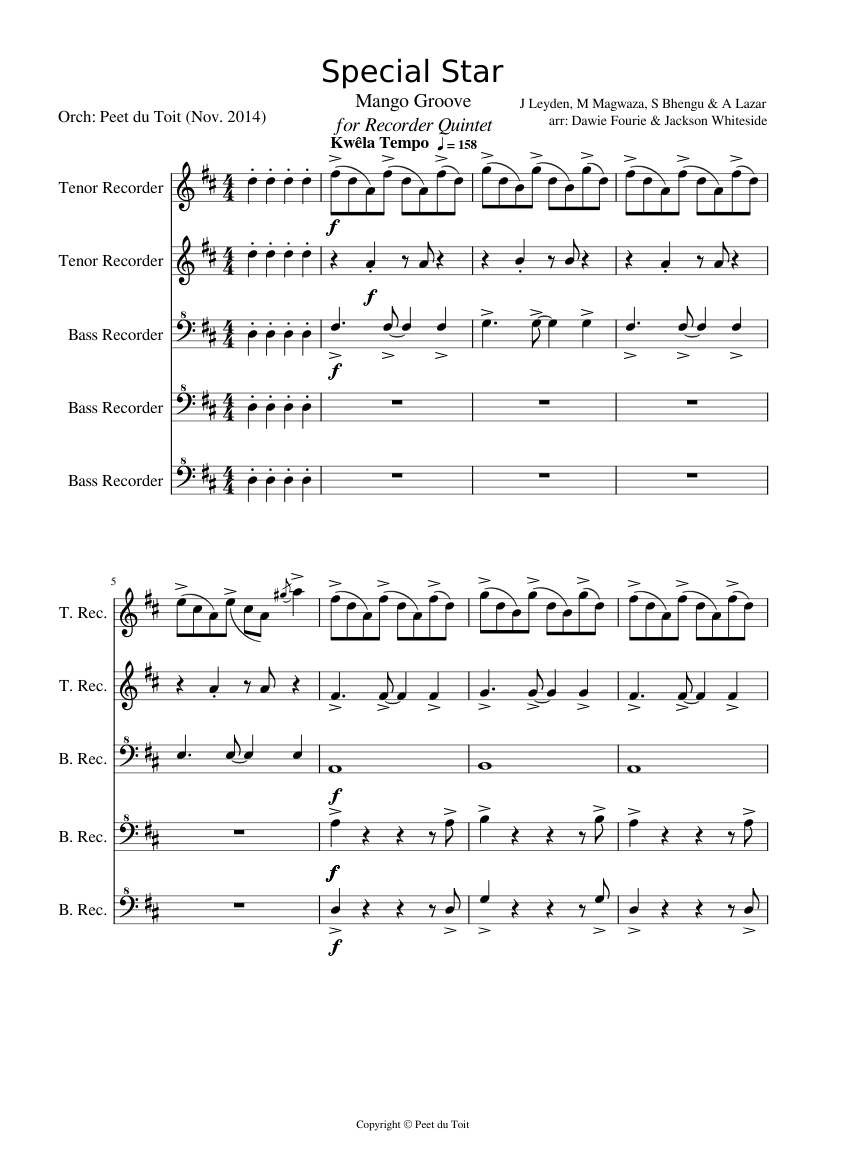 Special star – Mango Groove Special Star Recorder Quintet TTBBB Sheet ...