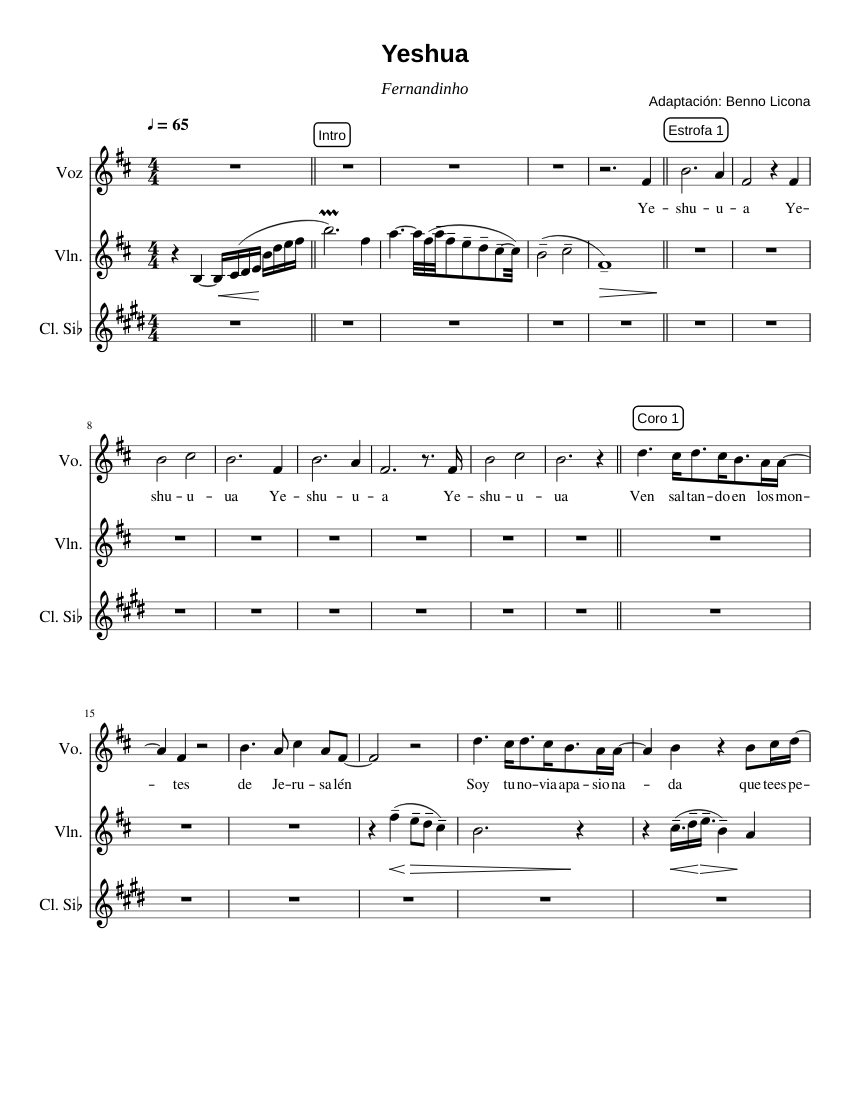 Yeshua_Fernandinho Sheet music for Vocals, Clarinet in b-flat, Violin ...