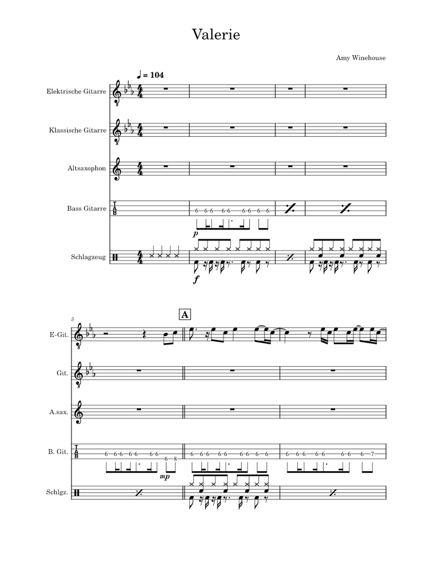 Valerie Sheet music for Saxophone alto, Guitar, Bass guitar, Drum group ...