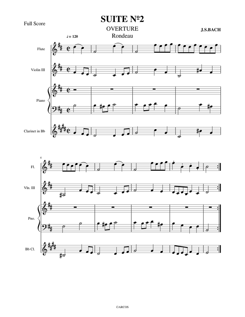 Suite n 2 Bach Rondeau Sheet music for Piano, Flute, Clarinet in b-flat ...