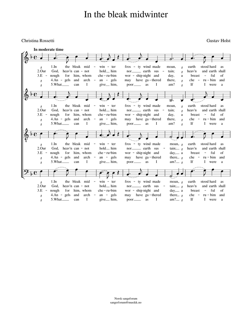 In the bleak midwinter Sheet music for Soprano, Alto, Tenor, Bass voice ...