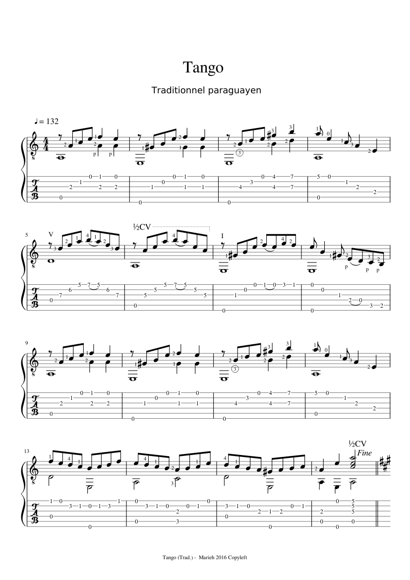 Tango - Traditionnel paraguayen - Tablature Sheet music for Guitar ...