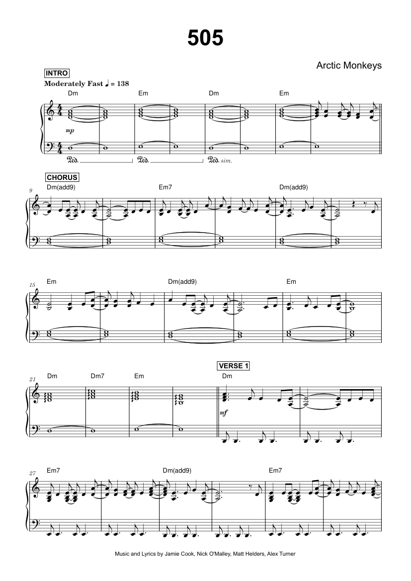Play Official version of 505 Sheet Music by Arctic Monkeys for Piano | MuseScore.com