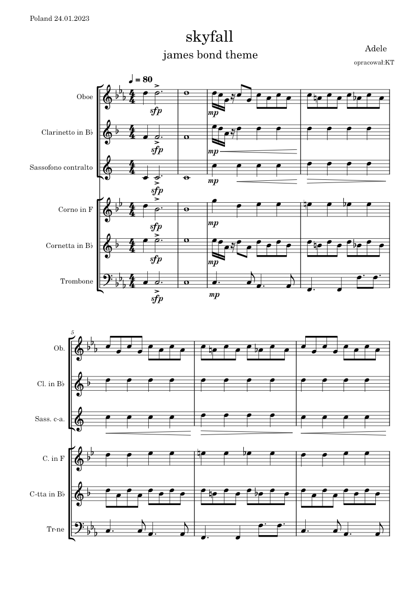 Skyfall – Adele skyfall zespół dęty Sheet music for Trombone, Cornet ...