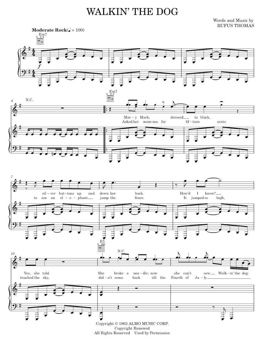 Play Official version of Walkin' The Dog sheet music by Rufus Thomas ...