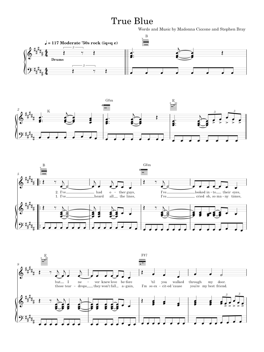 Play Official version of True blue Sheet Music by Madonna for Piano ...