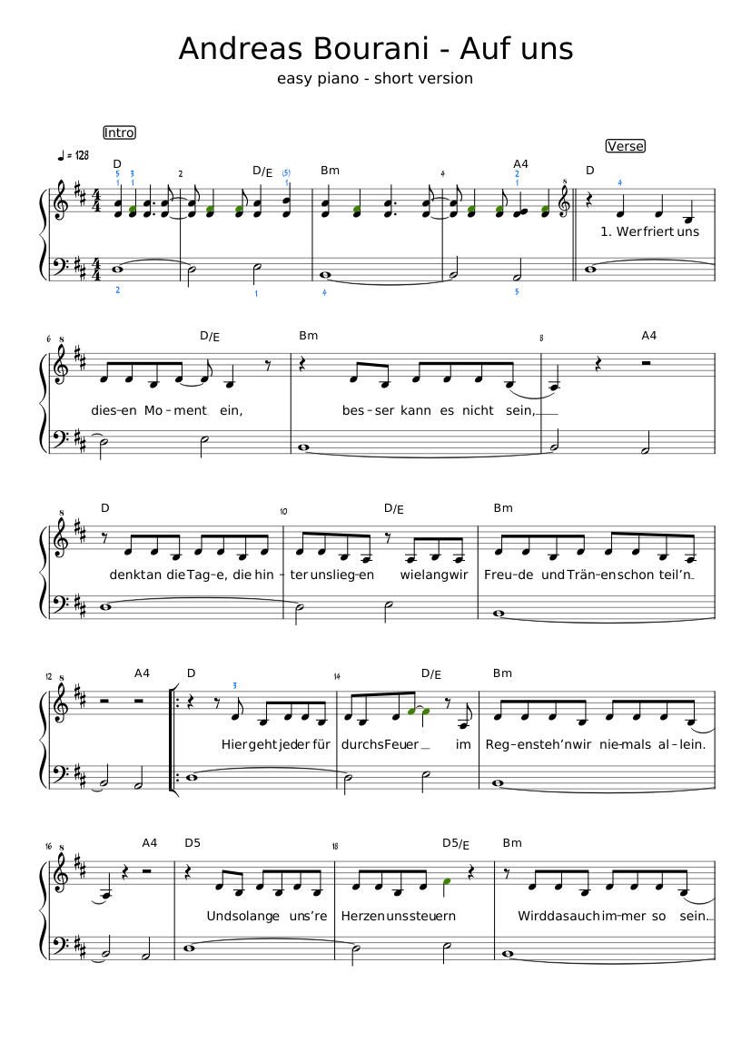 Ein Hoch Auf Uns – Andreas Bourani Sheet Music for Piano (Solo ...