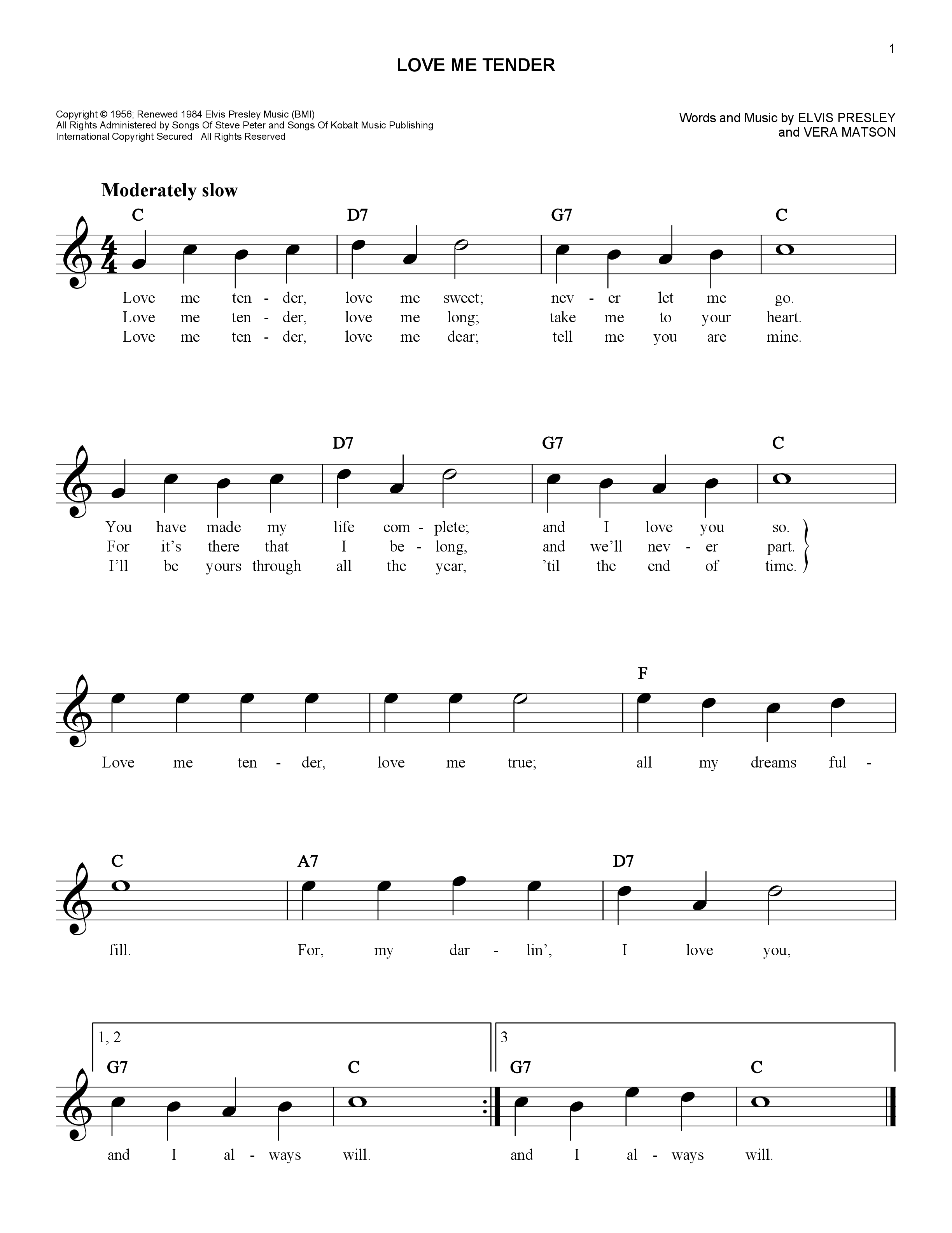 Play Official version of Love me tender sheet music by Elvis Presley ...