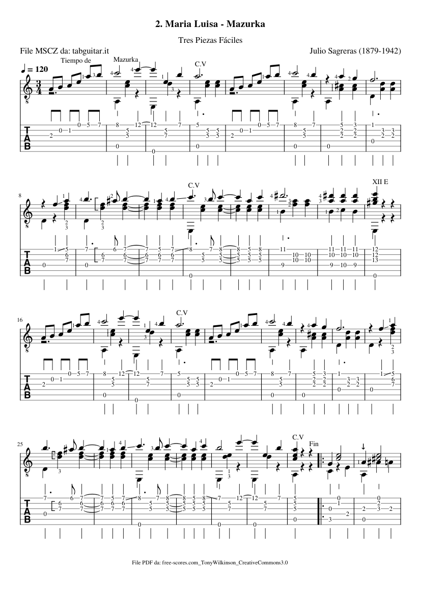 op 19, n° 2 Maria Luisa - Mazurka by Julio S. Sagreras Sheet music for ...