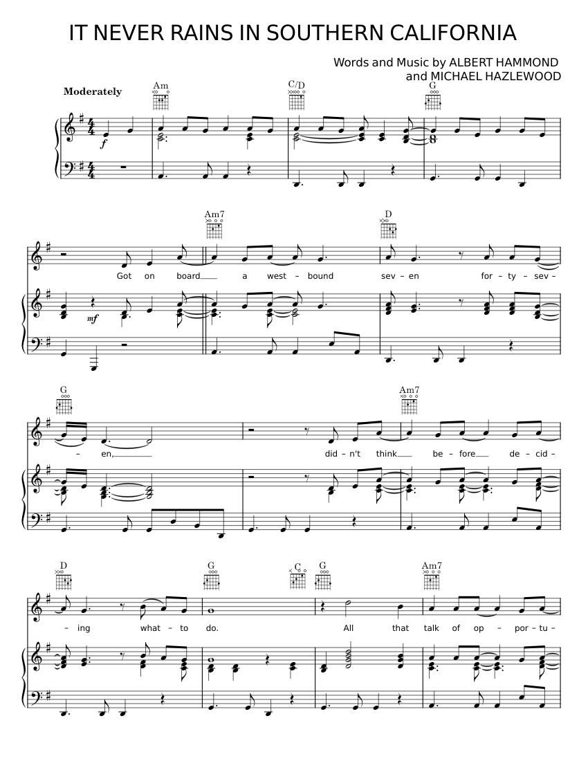 It Never Rains (In Southern California) - Albert Hammond Sheet Music ...