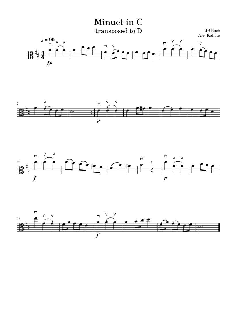 Minuet in C - Transposed to D Sheet music for Viola (Solo) | Musescore.com