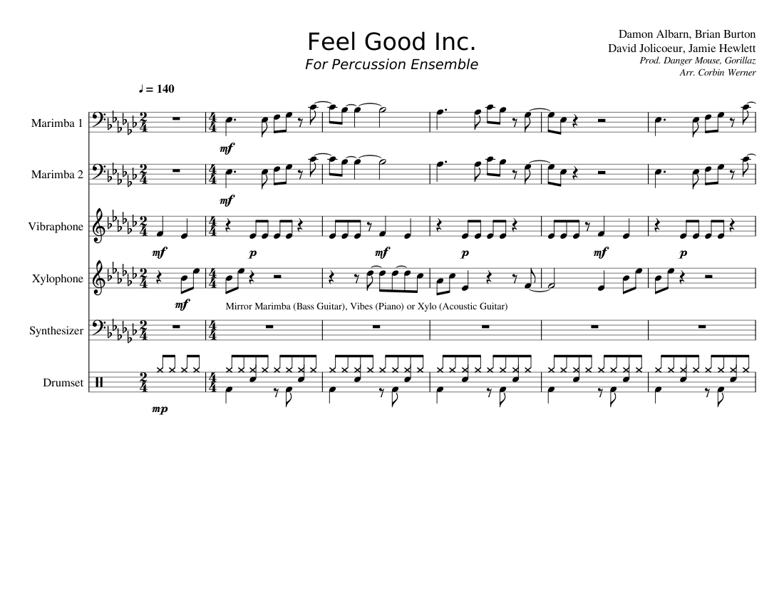 Feel Good Inc. - For Percussion Ensemble Sheet Music for Bass voice ...