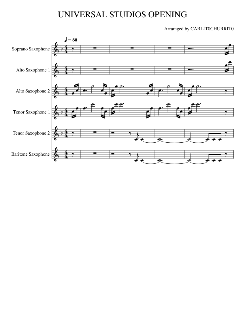 UNIVERSAL STUDIOS OPENING by CARLIT0CHURRIT0 Sheet music for Saxophone ...