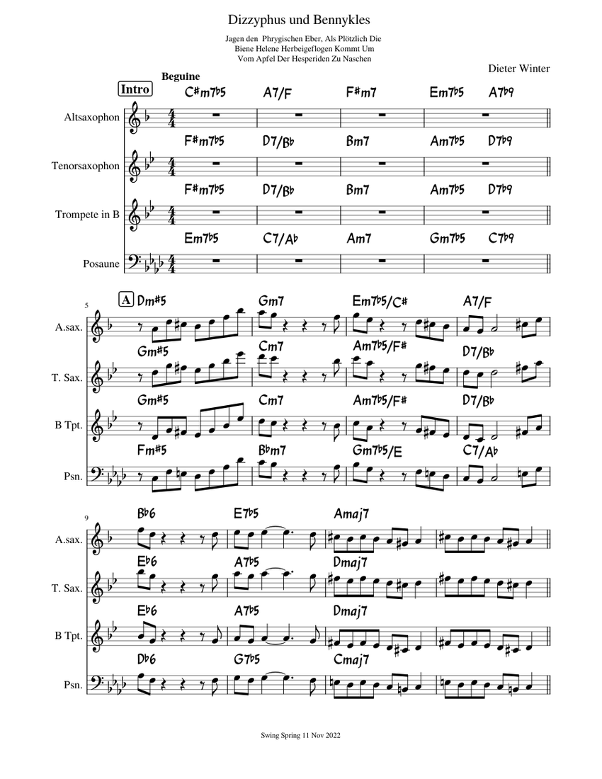 Dizzyphus und Bennykles Sheet music for Trombone, Saxophone alto, Saxophone tenor, Trumpet in b ...