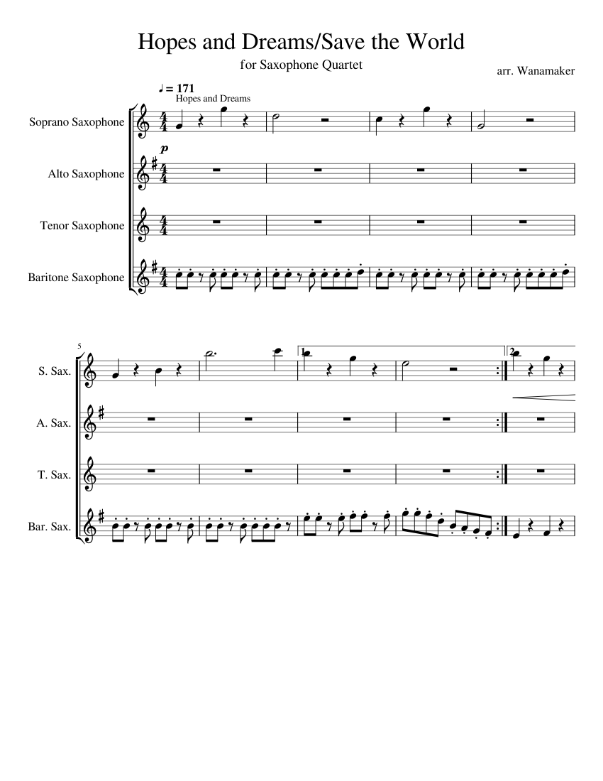 Hopes and Dreams/Save the World Sheet music for Saxophone (Alto), Saxophone (Tenor), Saxophone ...