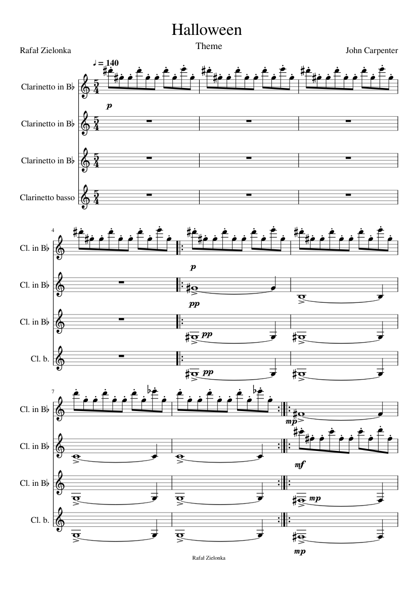 Halloween Theme Sheet Music for Clarinet in b-flat, Clarinet bass ...